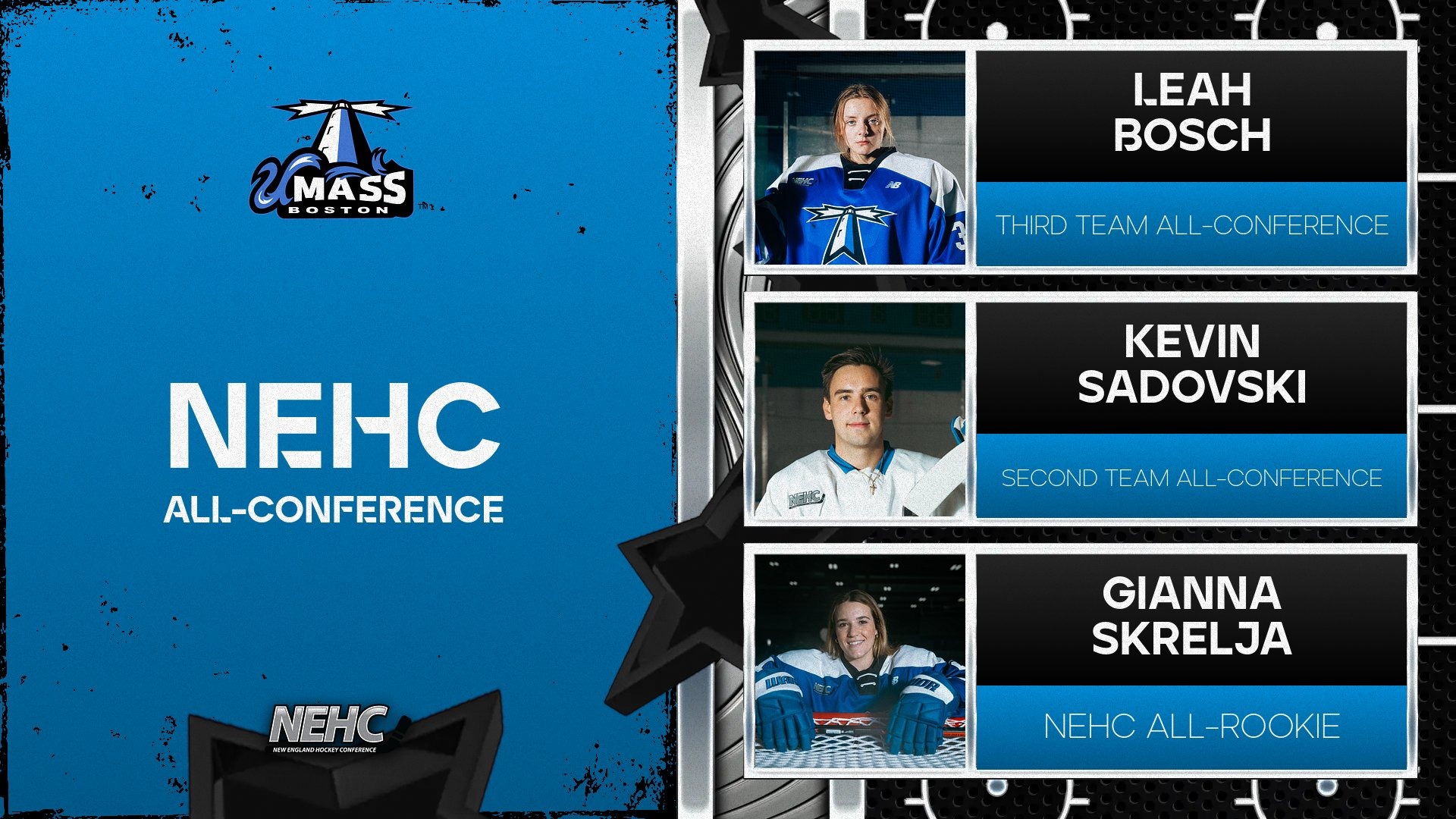Kevin Sadovski, Gianna Skrelja and Leah Bosch Earn 2023-24 NEHC All-Conference Honors - UMass Boston