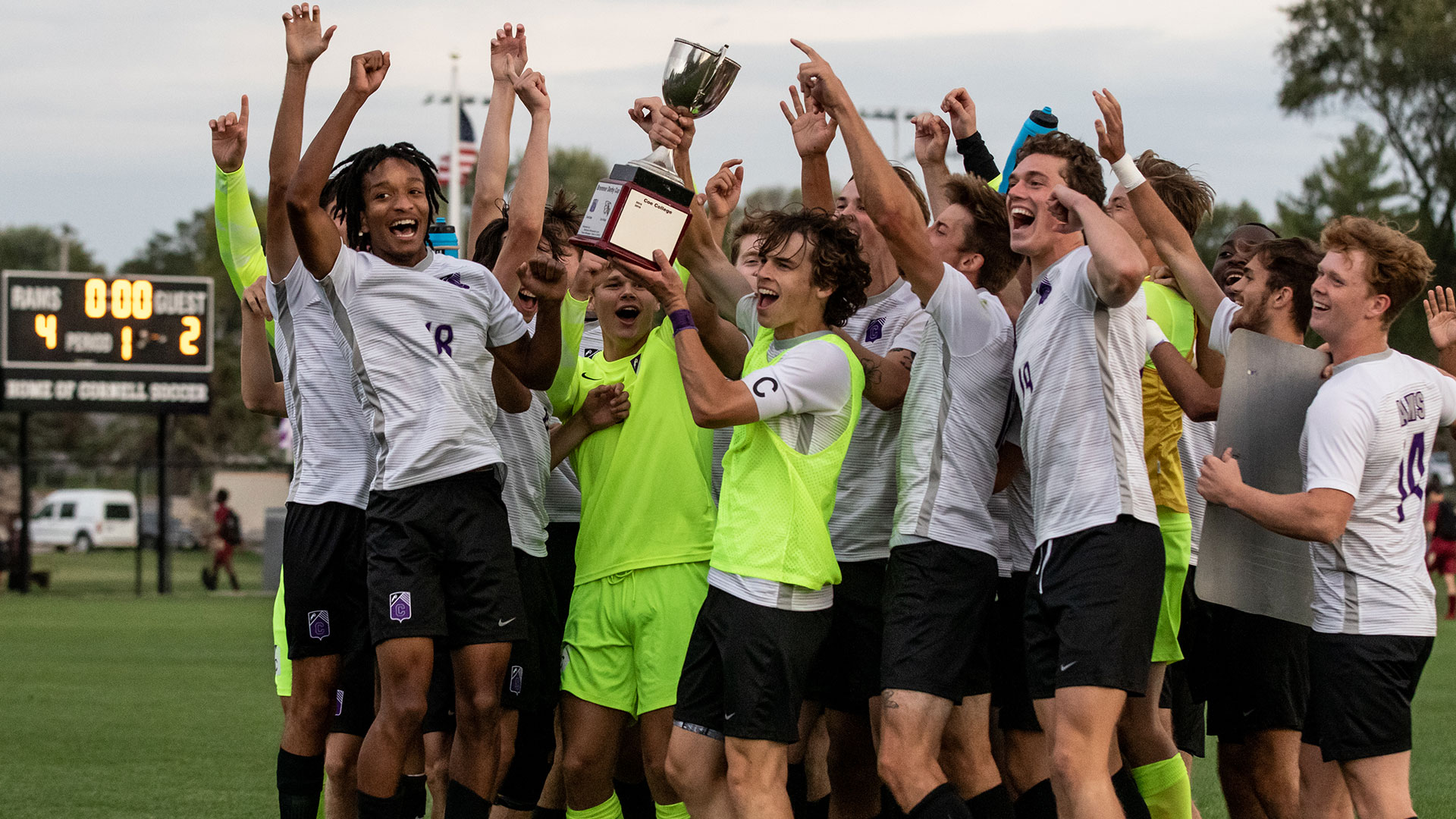 Cornell celebrates 4-2 Bremner Cup soccer win over Coe - Cornell College