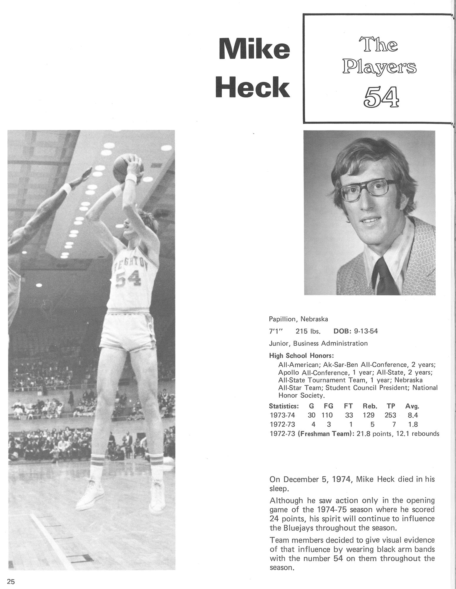 Mike Heck - 1974-75 - Men's Basketball - Creighton University Athletics
