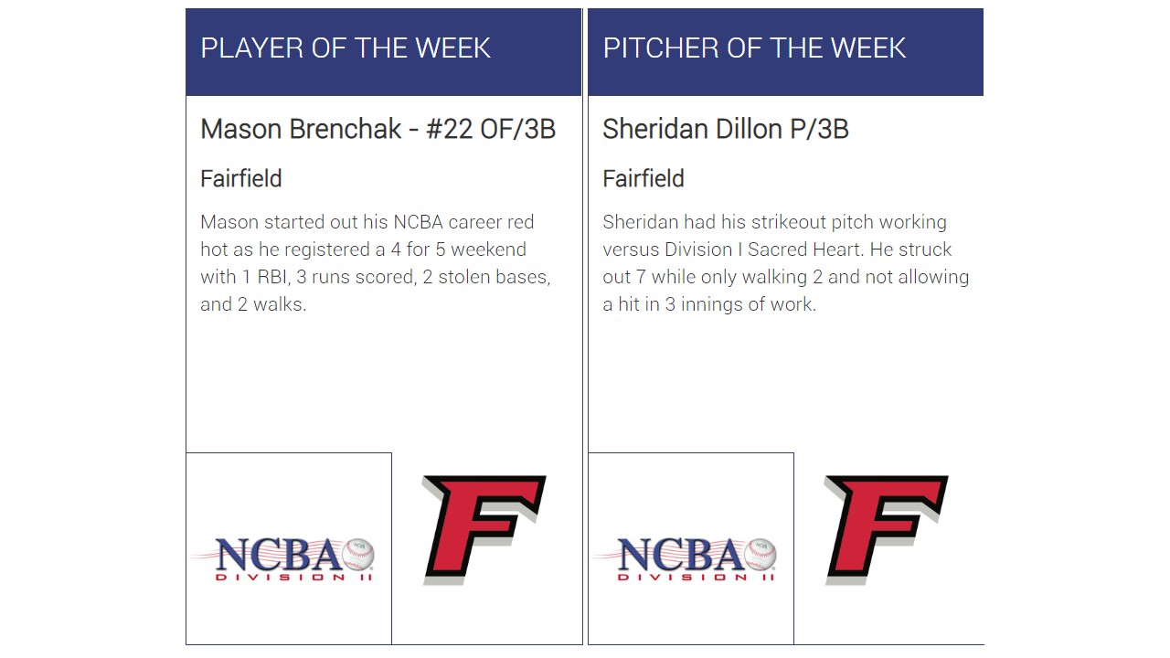 NCBA Announces Player and Pitcher of The Week - Fairfield University ...