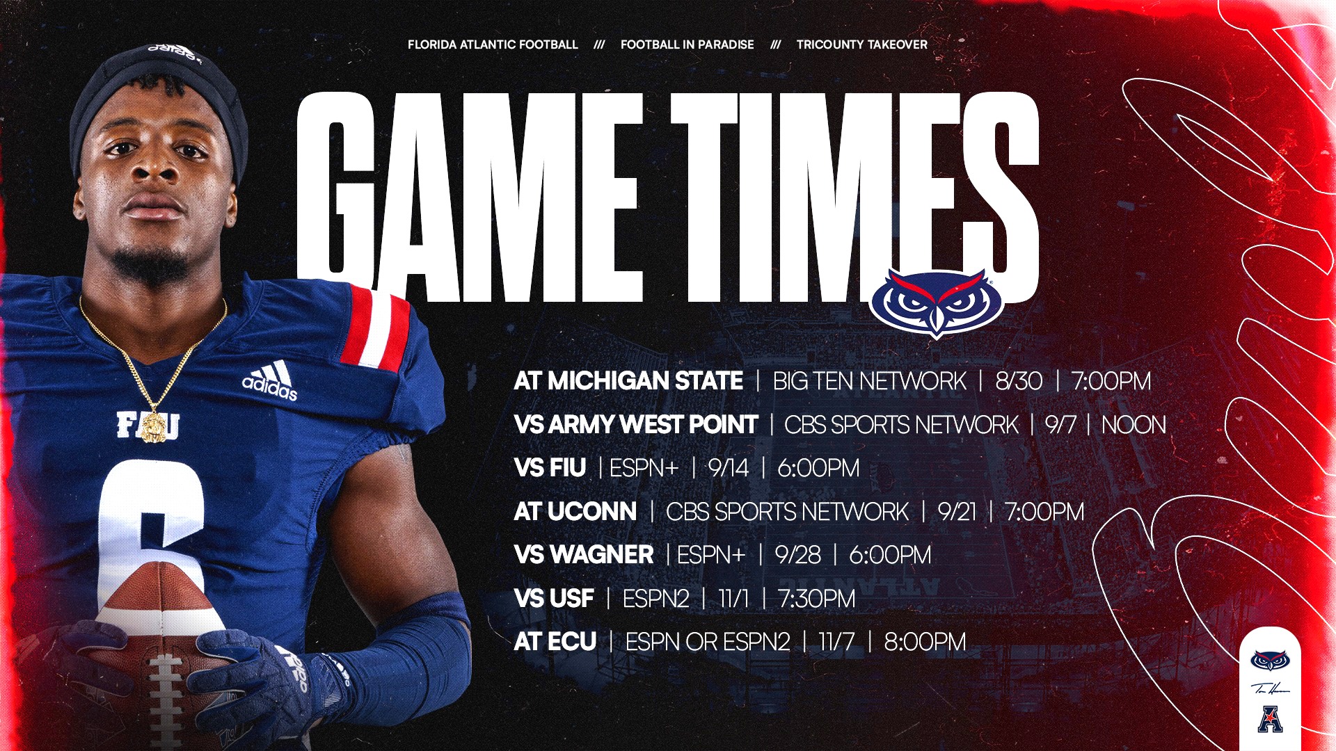 Football Kick Times and Broadcast Outlets Announced - Florida Atlantic ...