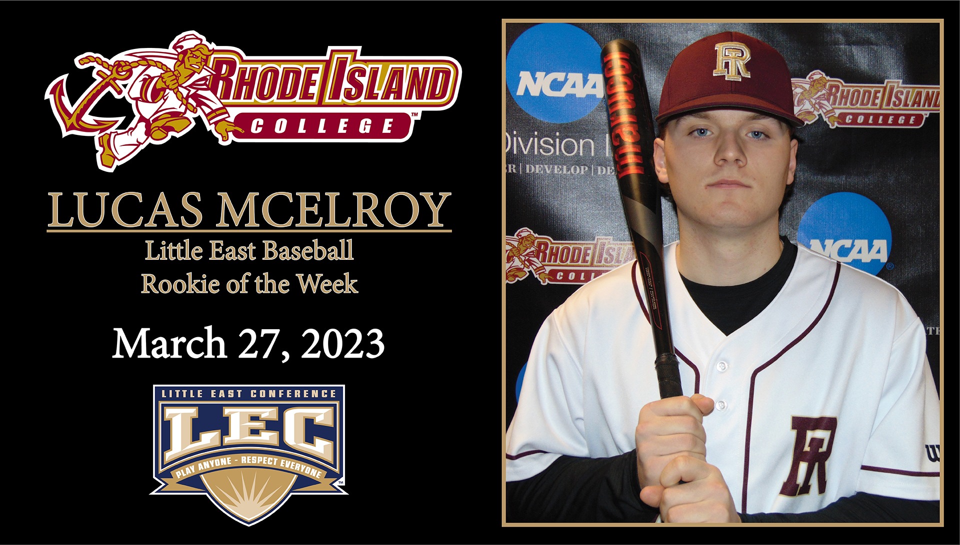 Lucas McElroy Named Little East Baseball Rookie of the Week - Rhode Island College