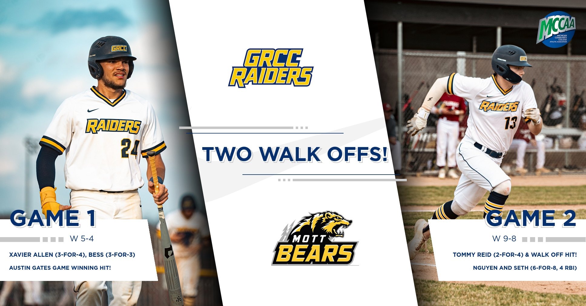 Raiders make it four in a row after two walkoffs wins vs. Mott - GRCC ...