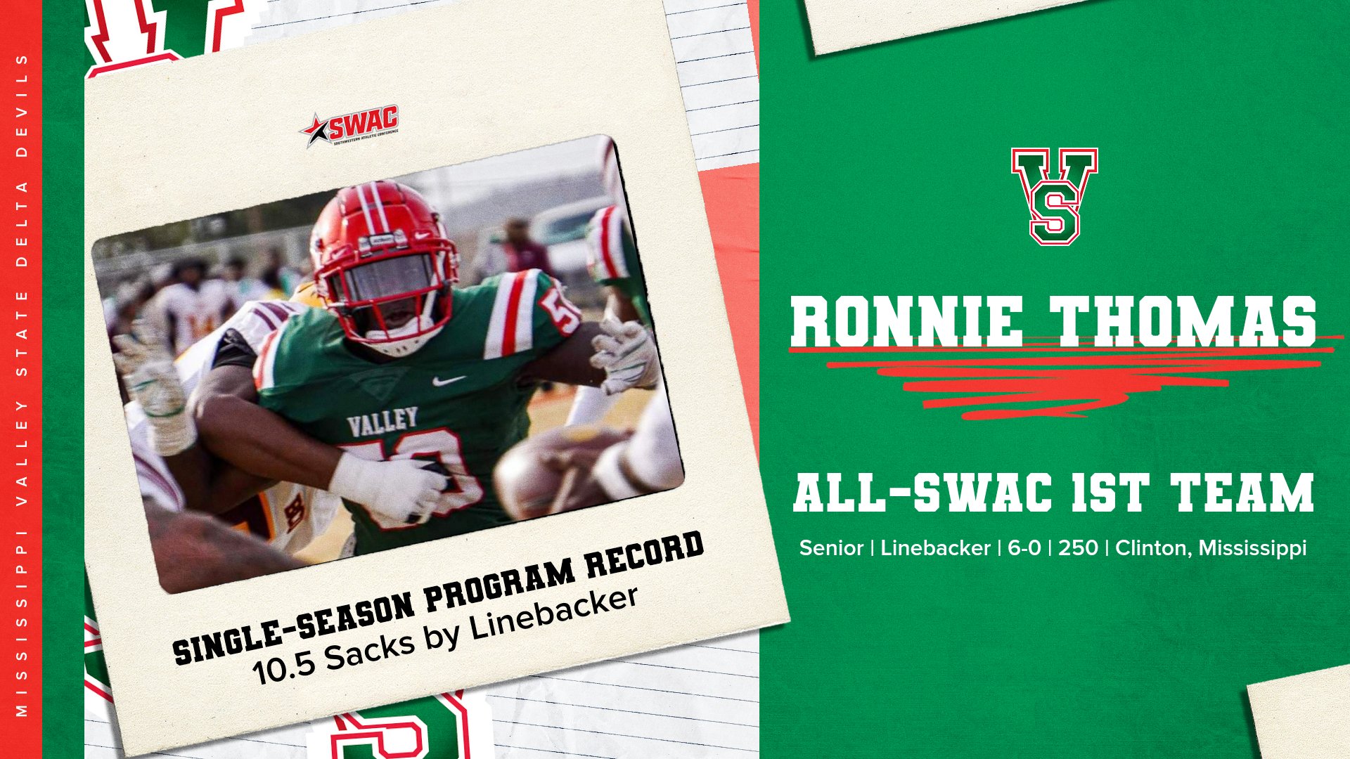 Ronnie Thomas Selected To All-SWAC First Team - Mississippi Valley ...