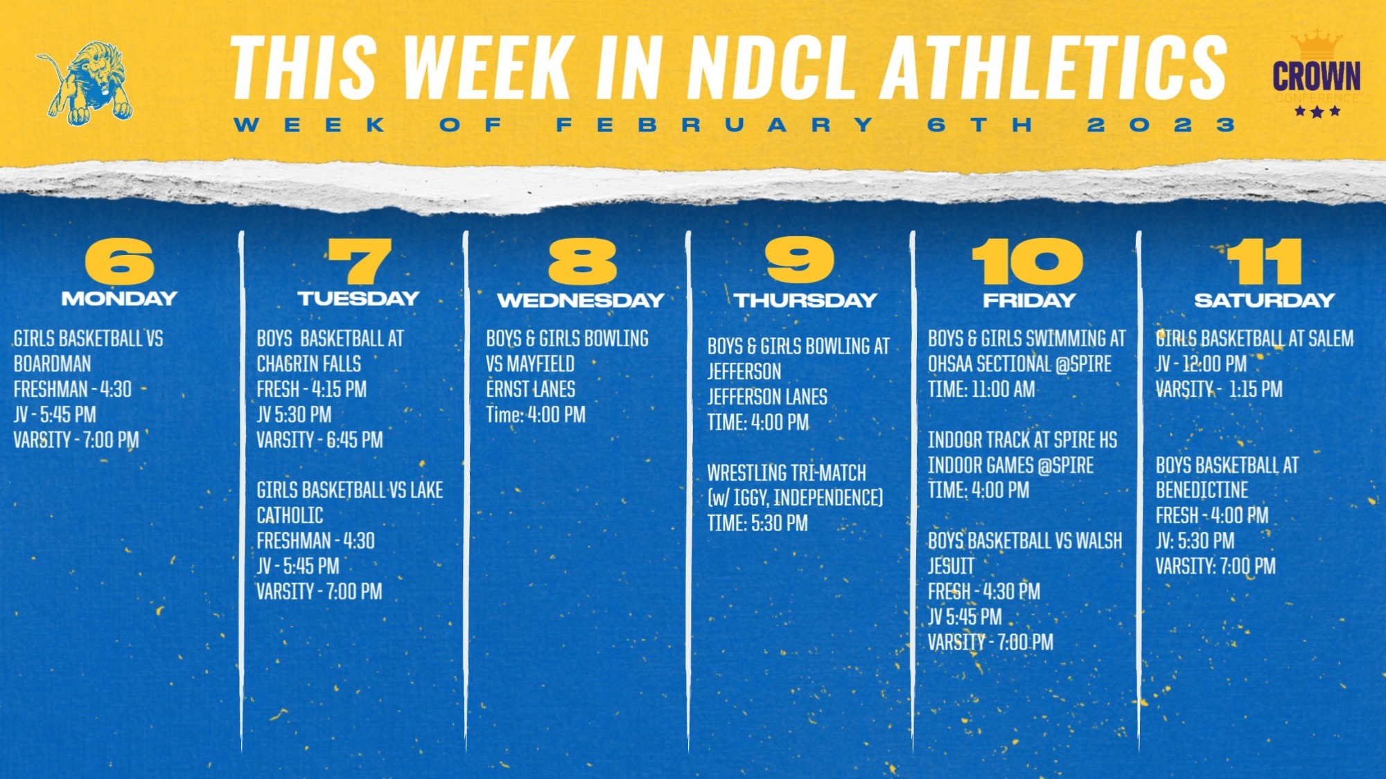 NDCL Athletics Weekly Schedule (Week of February 6th) - Notre Dame ...