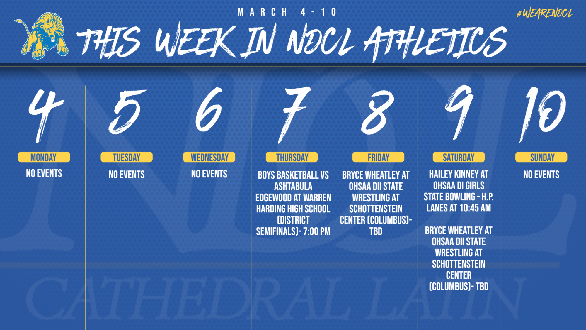 NDCL Athletics Weekly Schedule (Week of March 4th) - Notre Dame ...