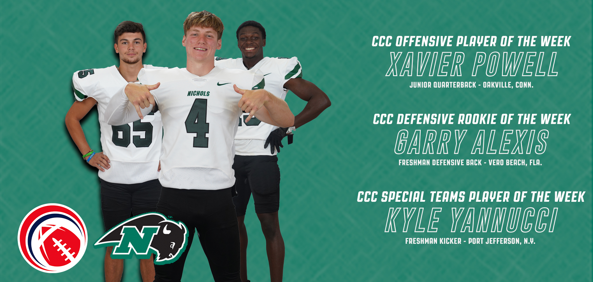 Three Honored in Football CCC Weekly Awards - Nichols College Athletics
