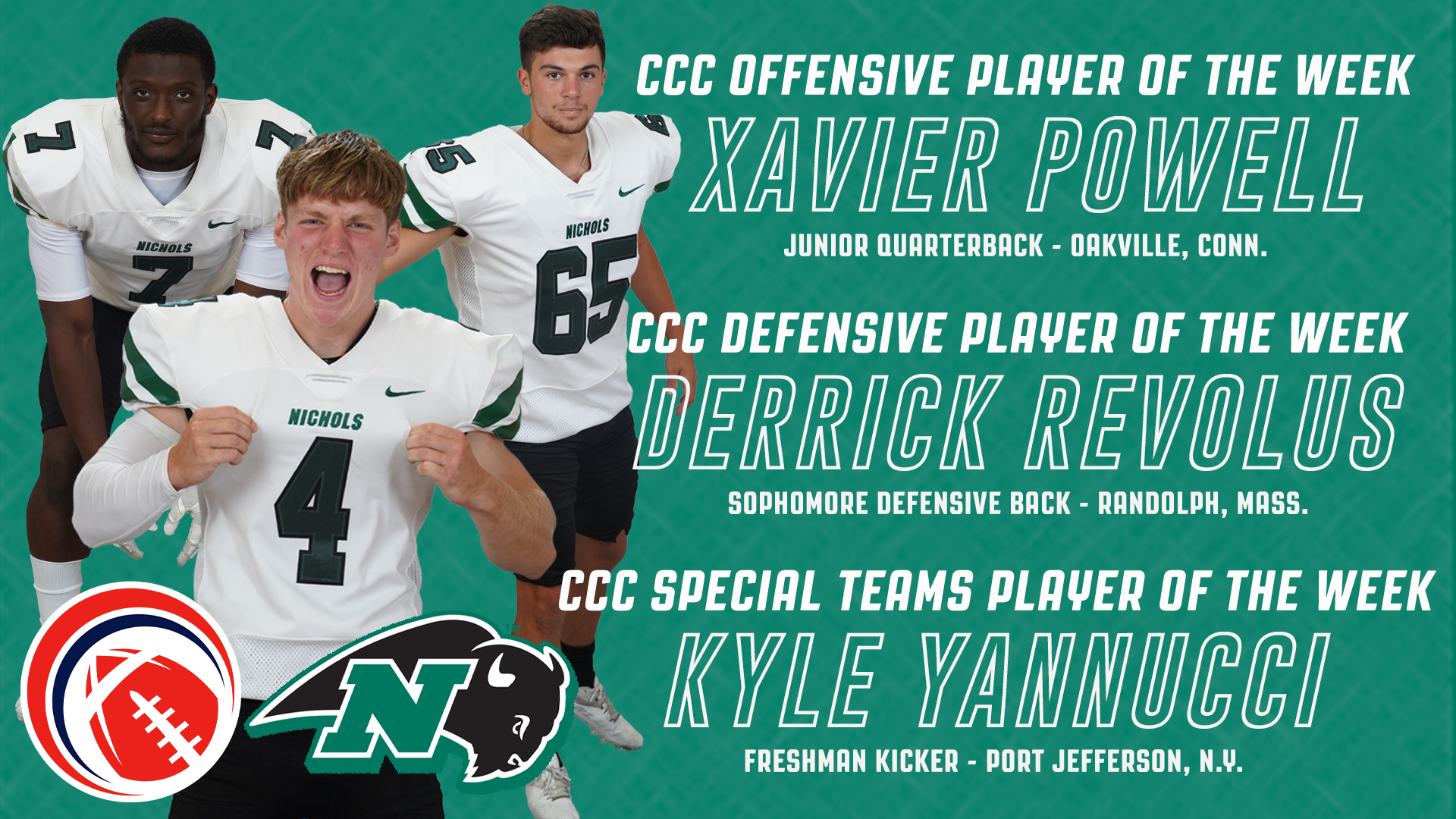 Football Sees Three Earn CCC Weekly Awards - Nichols College Athletics