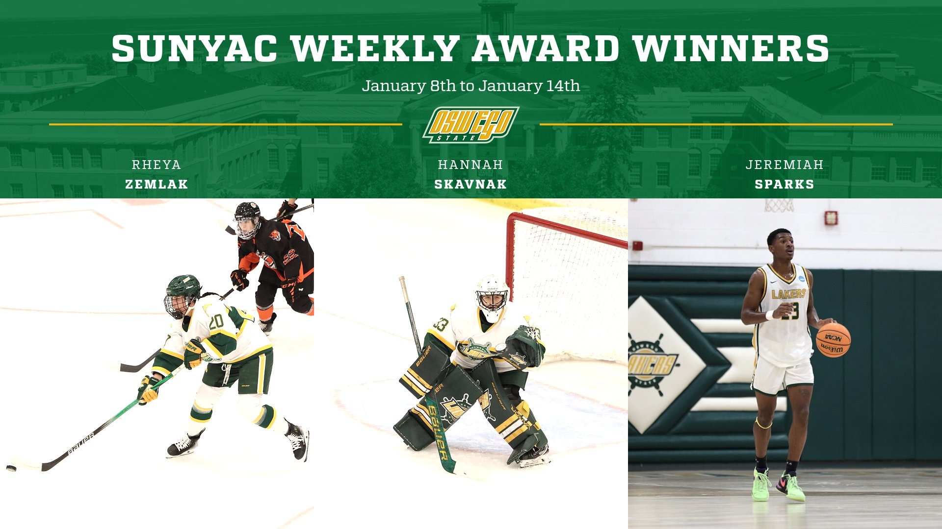 Three Lakers Selected in SUNYAC Weekly Awards - Oswego State Athletics