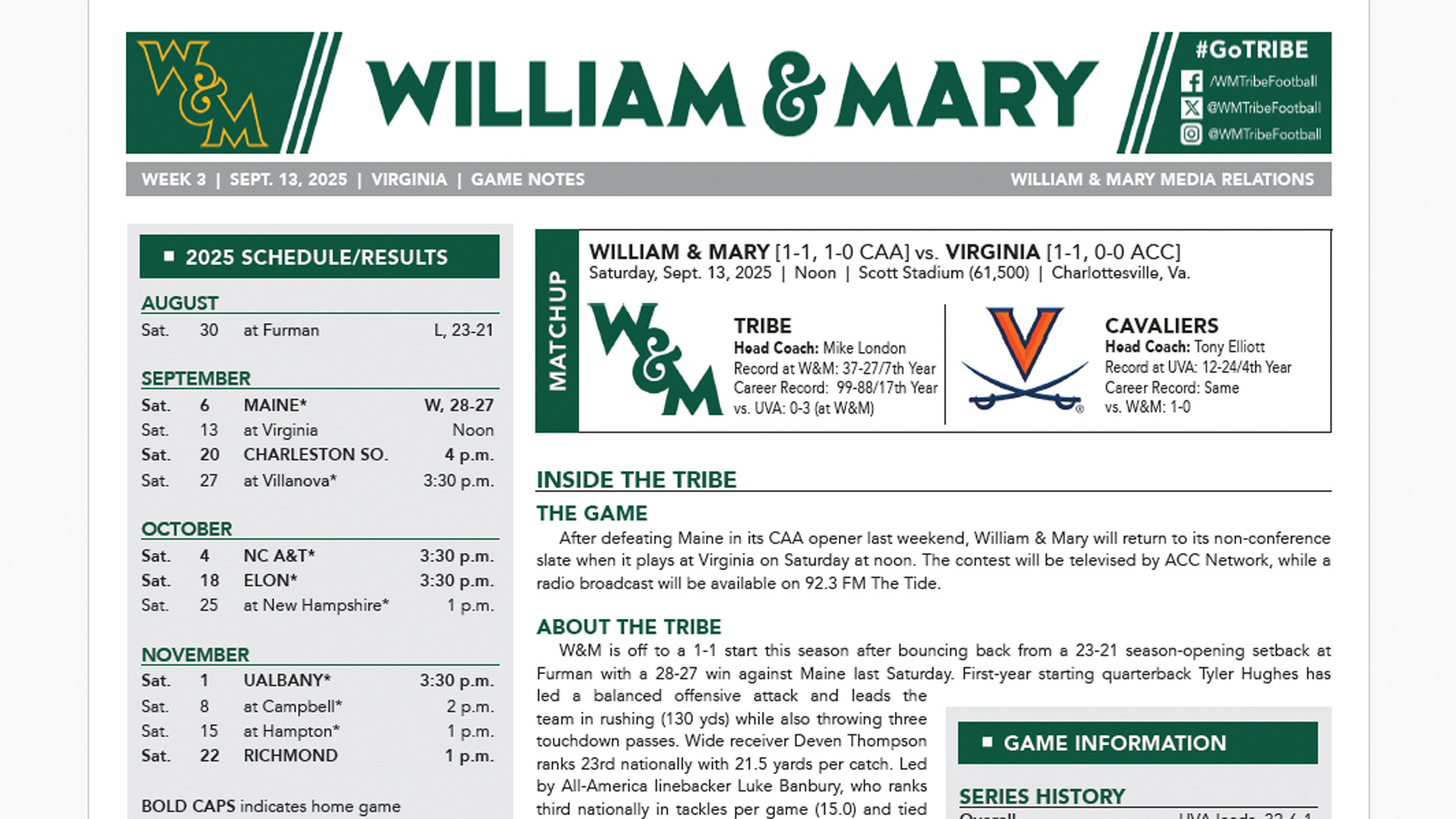 William & Mary Announces 5-Game MASN TV Schedule for Football - William ...